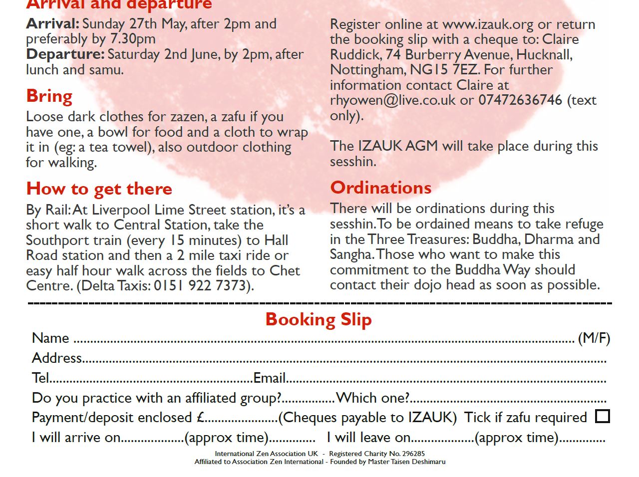 crosby booking slip - International Zen Association United Kingdom